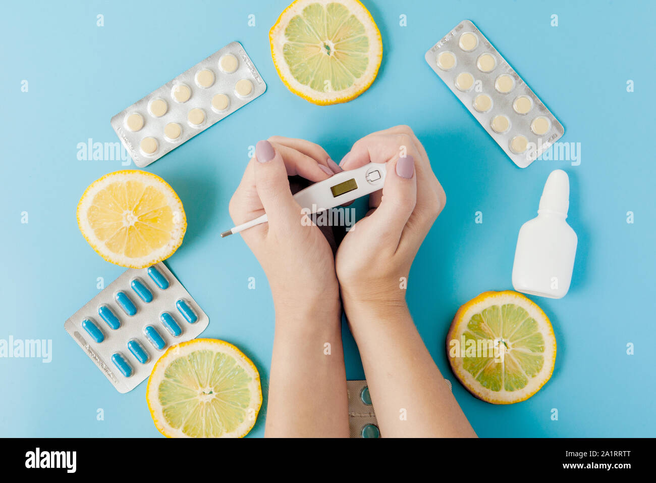 Medications, pills, thermometer, traditional medicine for treating ...