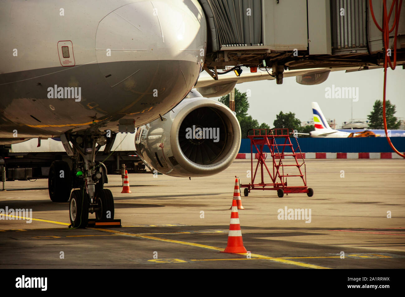 Teletrap connected to the aircraft. The telescopic ladder is connected ...