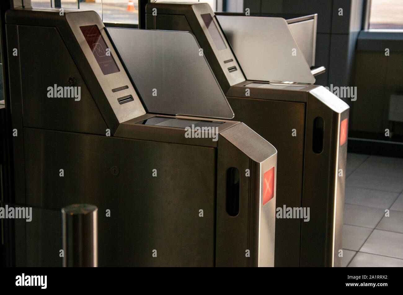 An exit counter to airplanes at the airport. Closed, red signal ...