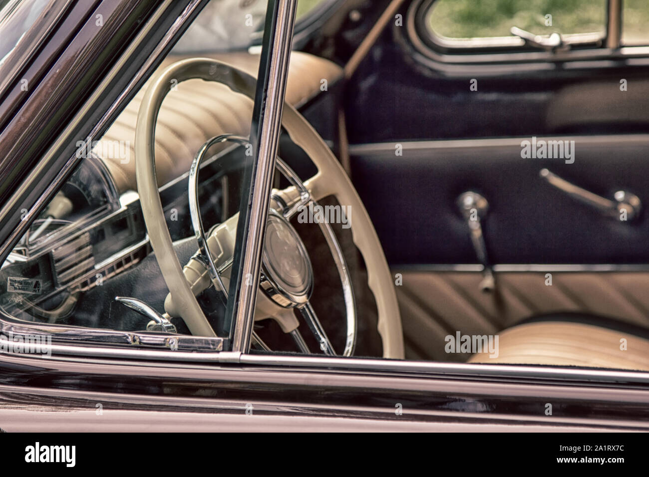 wheel car of mid-20th century. Interior of old car (car salon Stock ...