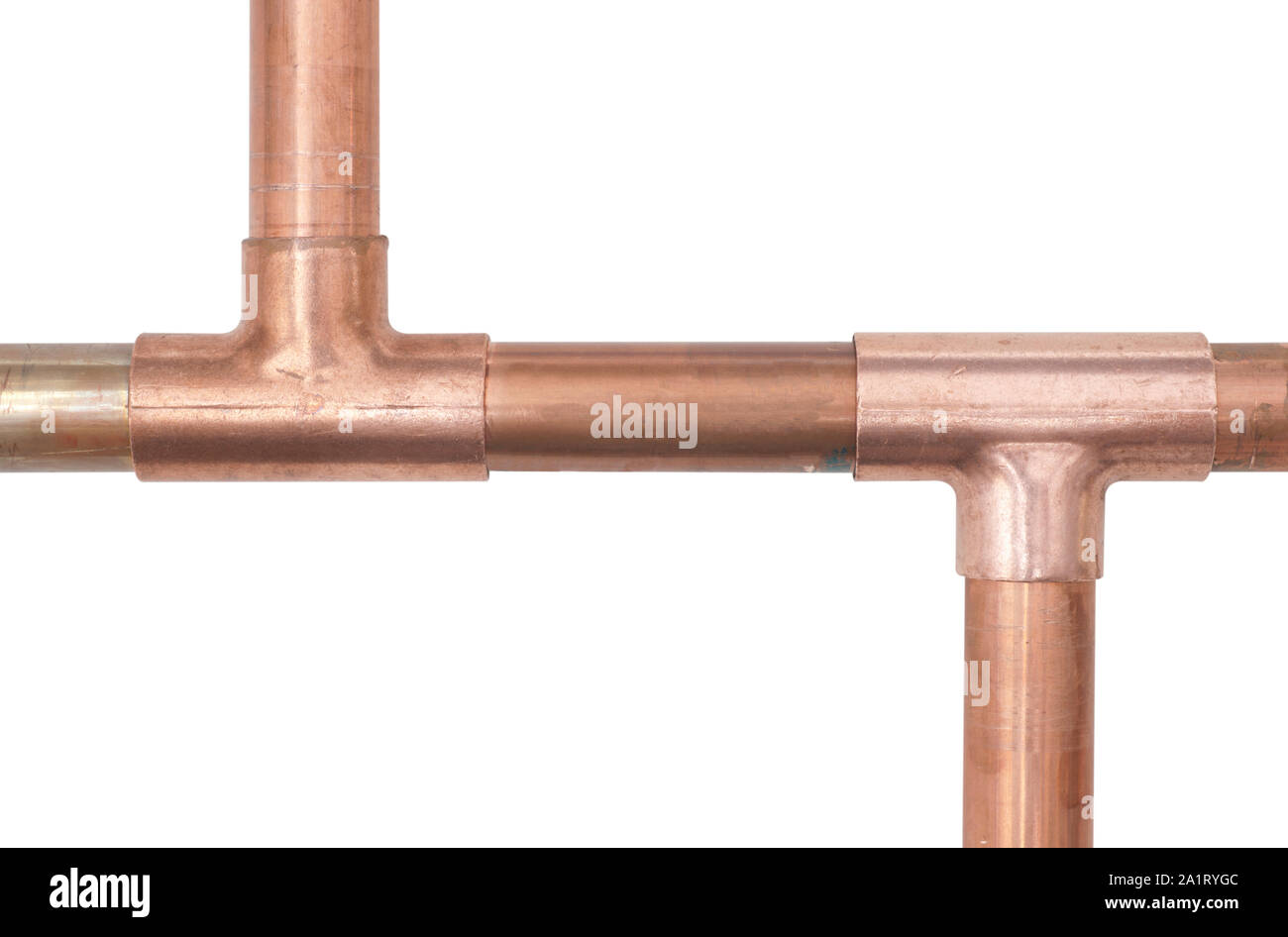 copper water line branching off in opposite directions, isolated on ...