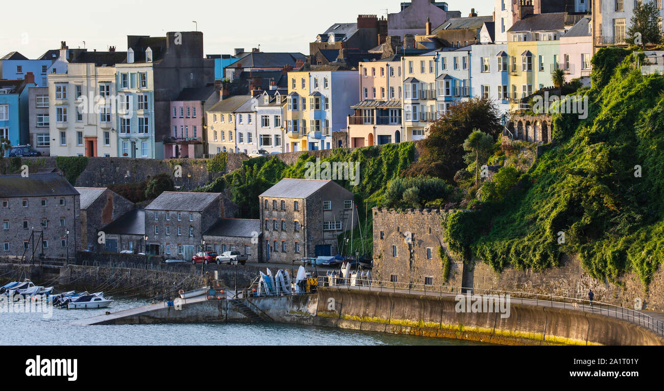 TENBY, WALES, UK - 13th September 2019: Colorful houses on the cliffs ...