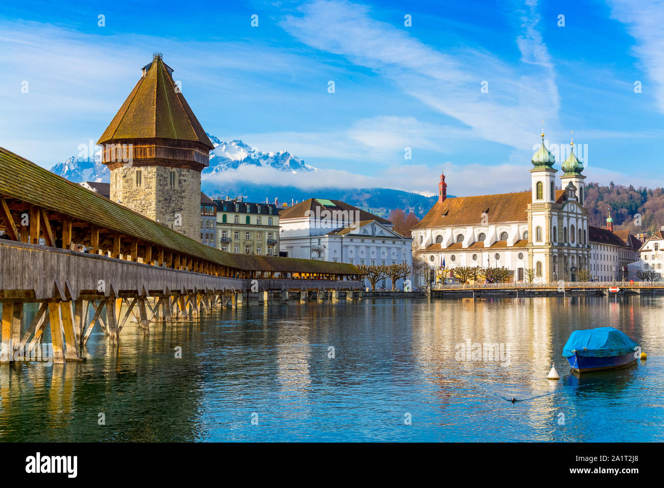 Kapellbrucke historic Chapel Bridge and waterfront landmarks in Lucern ...