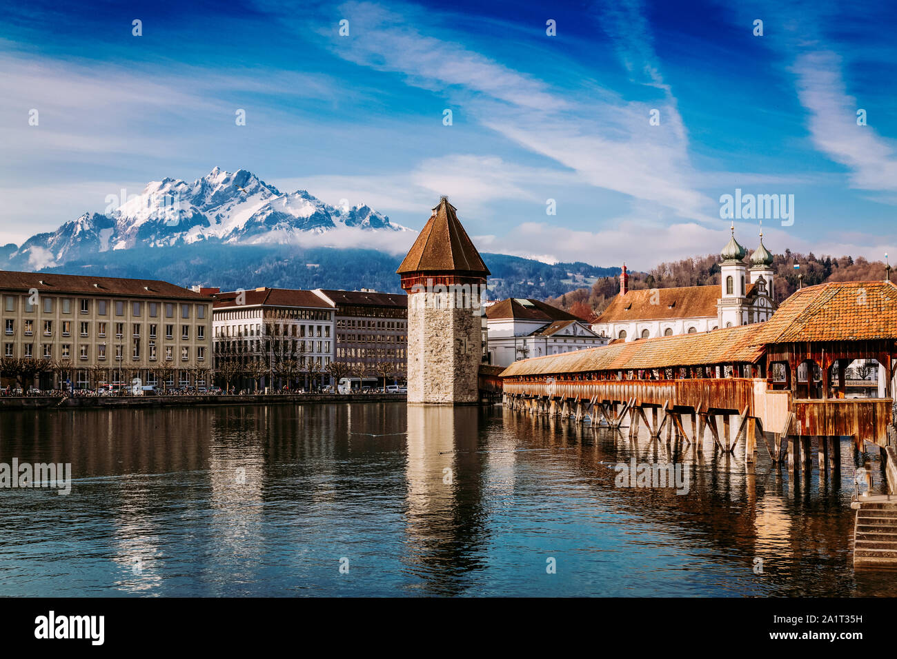 Kapellbrucke historic Chapel Bridge and Water Tower landmarks in Lucern ...
