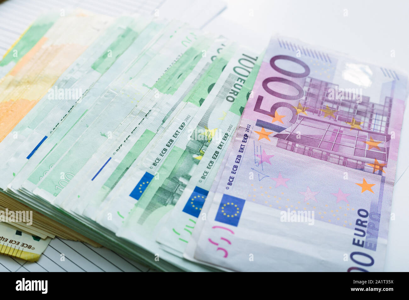 Stack euro 50, 100, 200, 500 banknotes. Money, business, finance saving ...