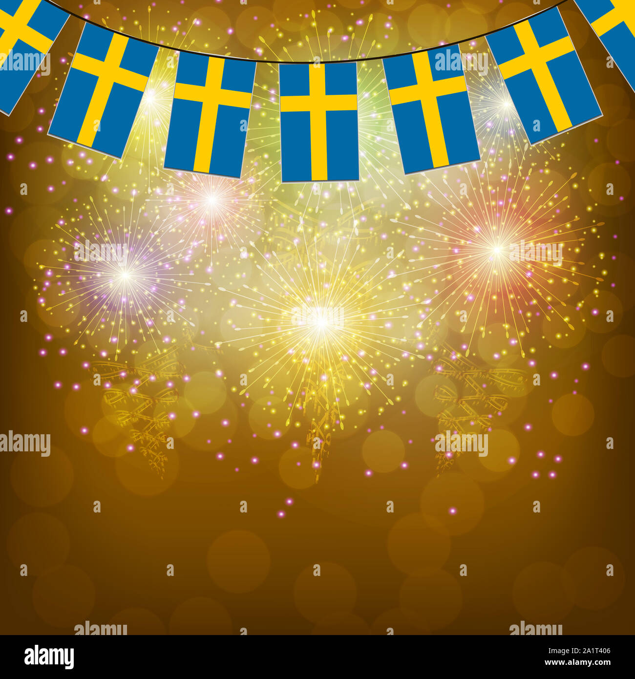 Bright firework with flags of Sweden. Happy Sweden day flags. Bright ...
