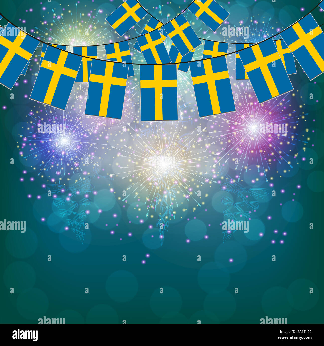Bright firework with flags of Sweden. Happy Sweden day flags. Bright ...