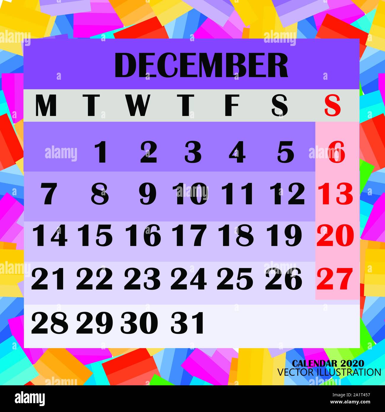 Vector Calendar December 2020. Design for planning. Calendar month ...