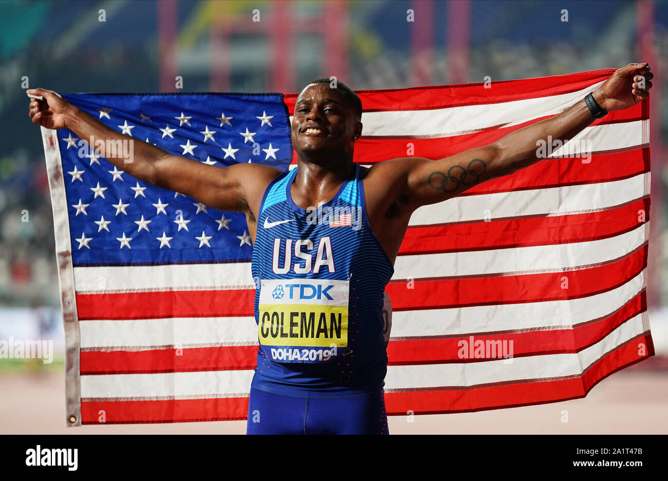 Doha, Qatar. 28th Sep, 2019. Christian Coleman of United States after ...