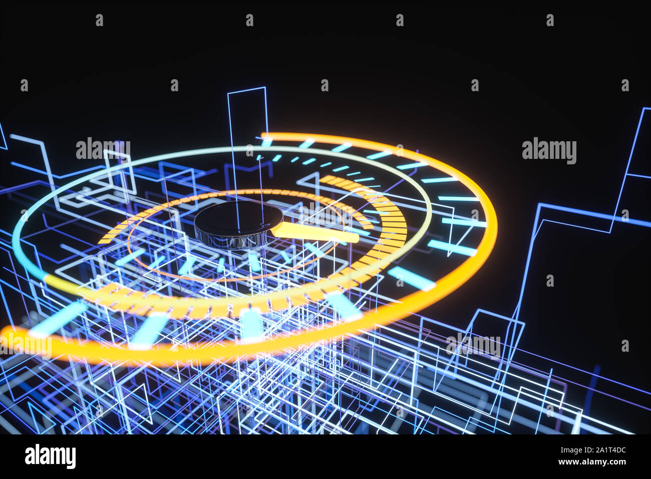 Digital drawing of dashboard with glowing lines, 3d rendering. Computer ...