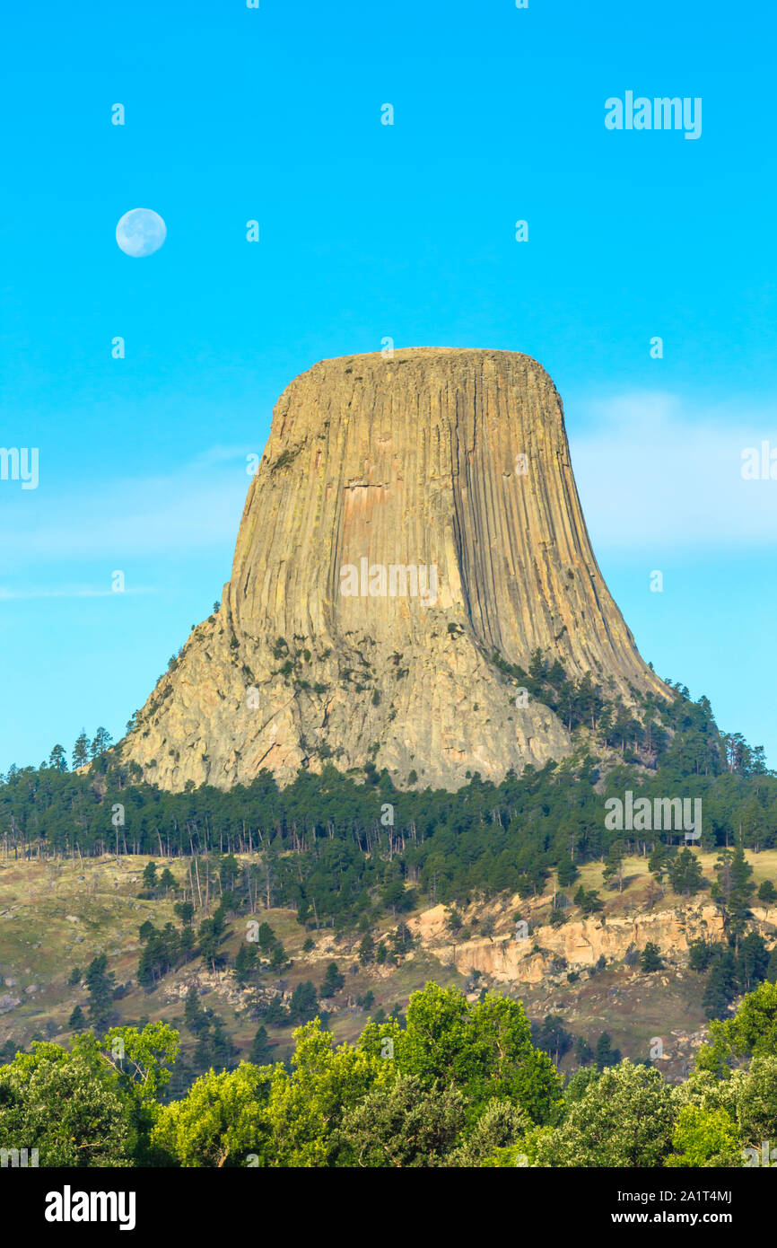 moon setting over devils tower near hulett, wyoming Stock Photo - Alamy