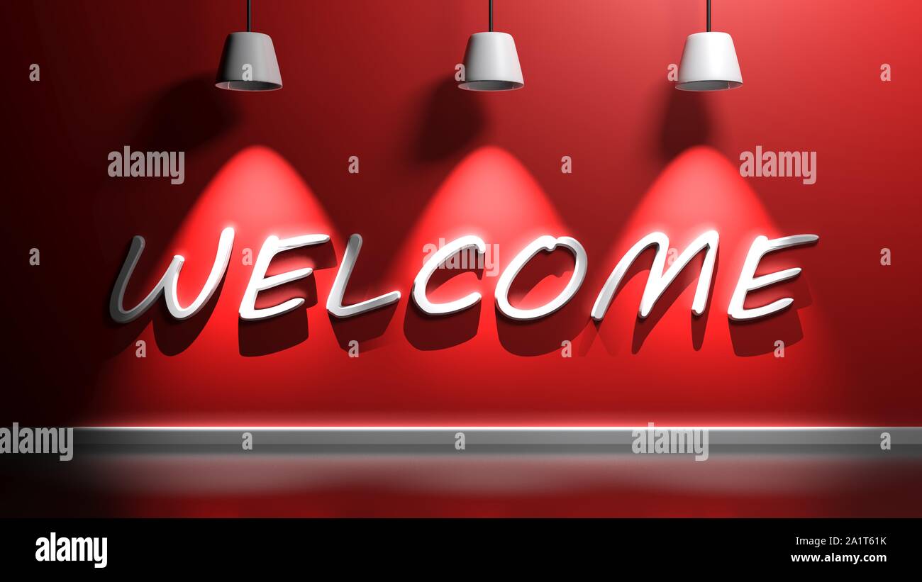 WELCOME white write at a red wall with three lamps - 3D rendering ...