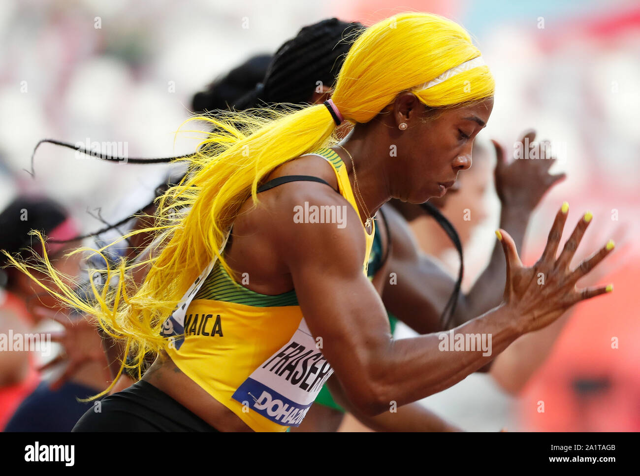 Doha, Qatar. 28th Sep, 2019. Shelly-Ann Fraser-Pryce of Jamaica sprints during the women's 100m ...