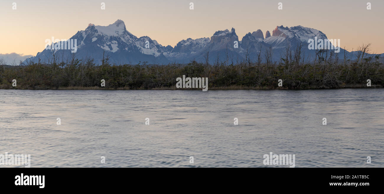 Panorama view of the Paine Massif from the rio Serrano area Stock Photo ...