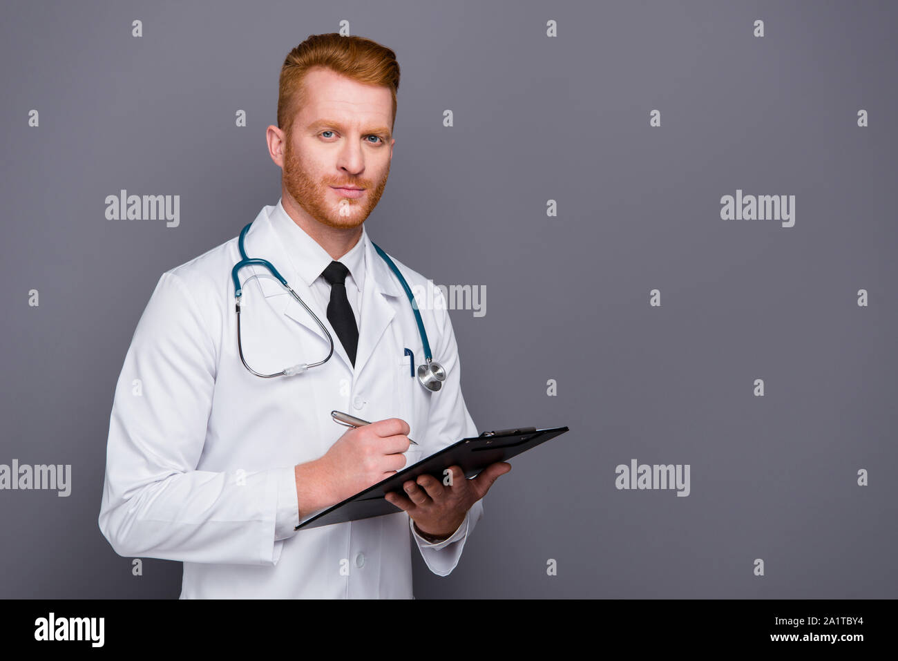 Photo of attractive doc look at camera isolated on dark gray bac Stock ...
