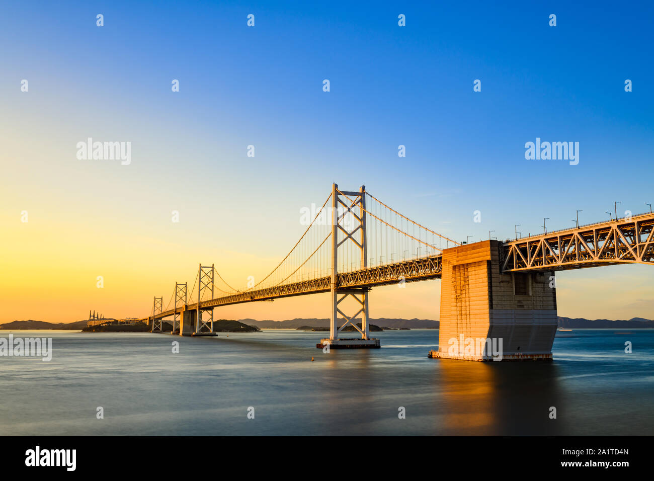 Sunset at majestic Seto-Ohashi Bridge, Japan. World's longest two ...
