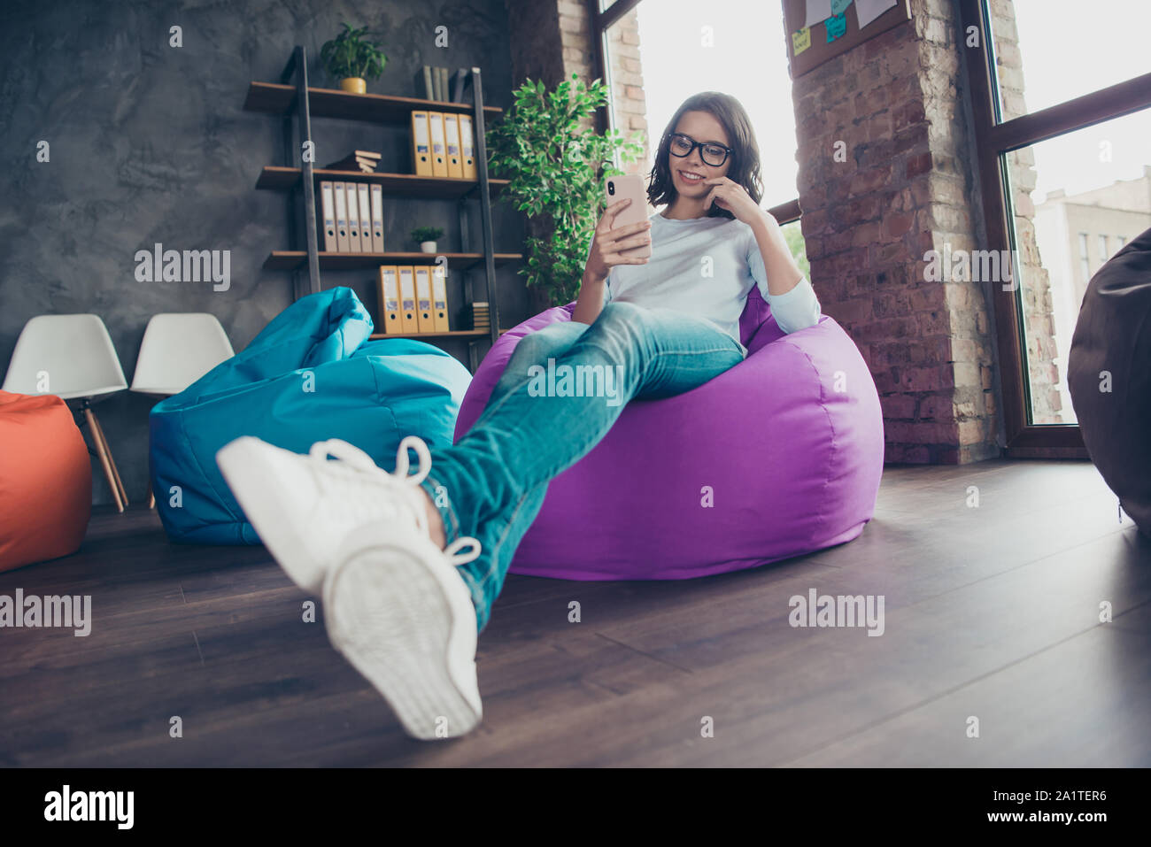 Low below angle view portrait of nice cute adorable attractive p Stock ...