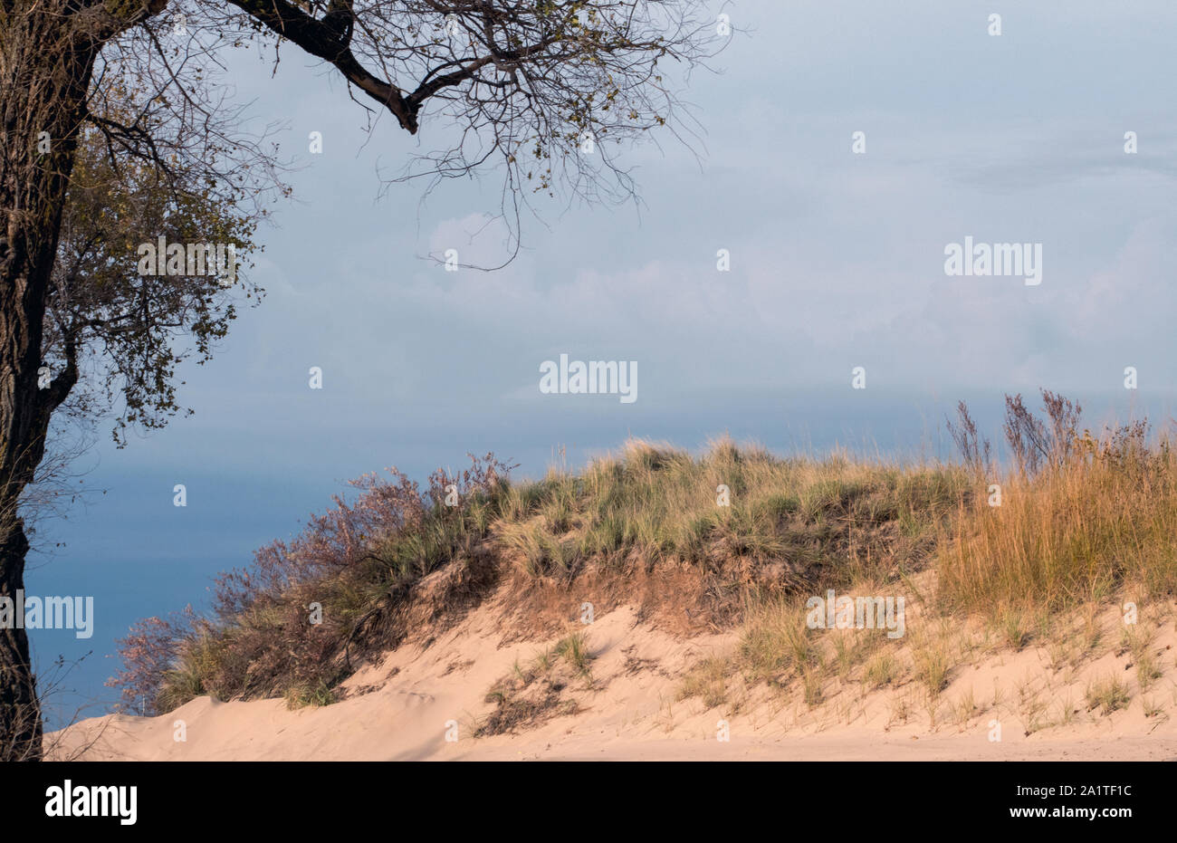 tall sandy dunes tower over the beautiful blue Lake Michigan in ...
