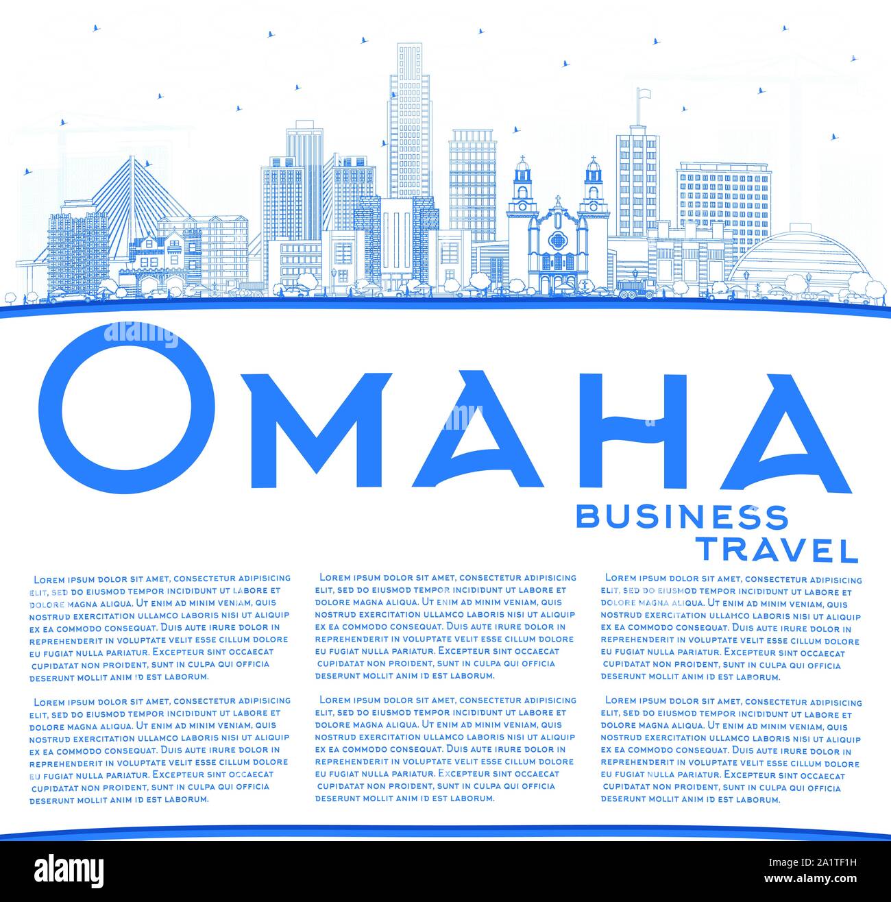 Outline Omaha Nebraska City Skyline with Blue Buildings and Copy Space ...