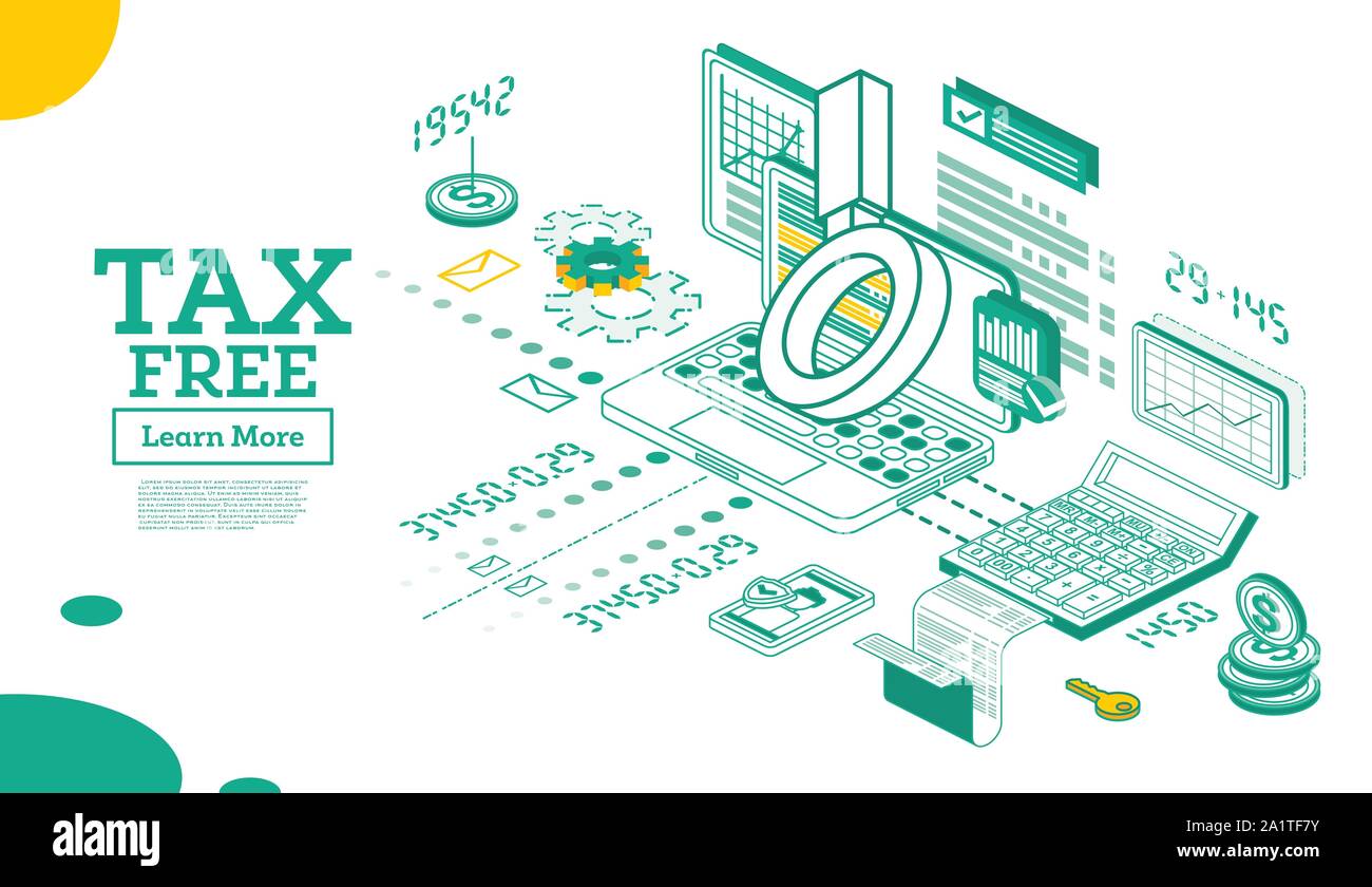 Tax Free Concept in Isometric 3d Style. Vector Illustration. Notebook ...