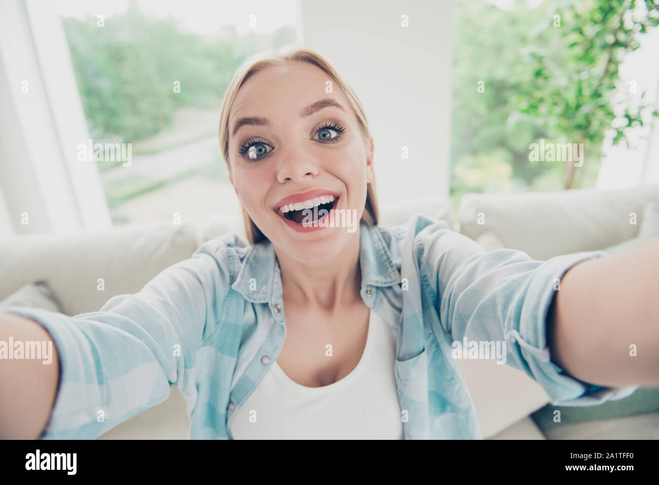 Instagram insta girl she her concept. Close up photo portrait of Stock ...