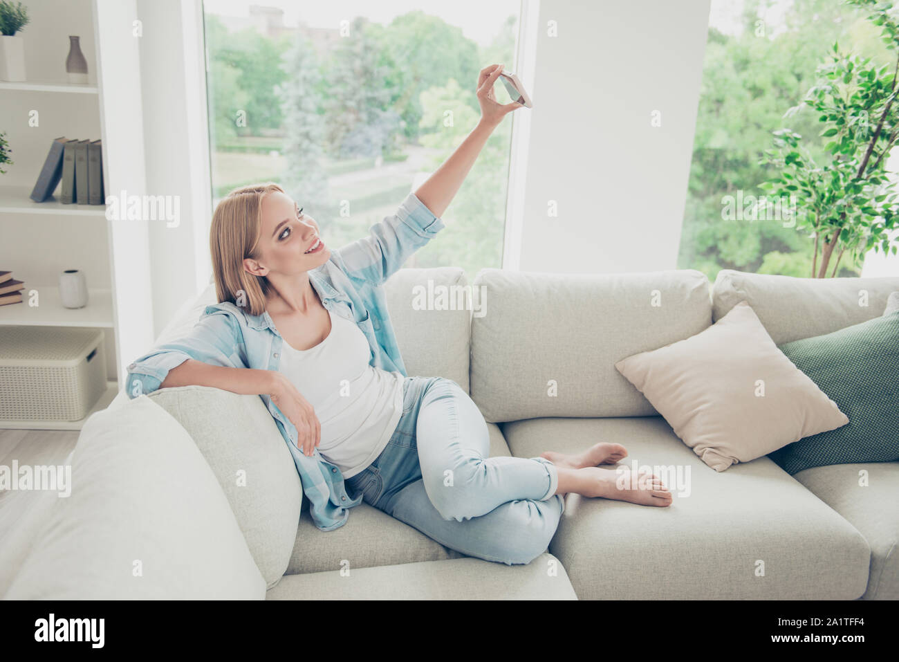 Side profile full body length size photo portrait of cute beauti Stock ...