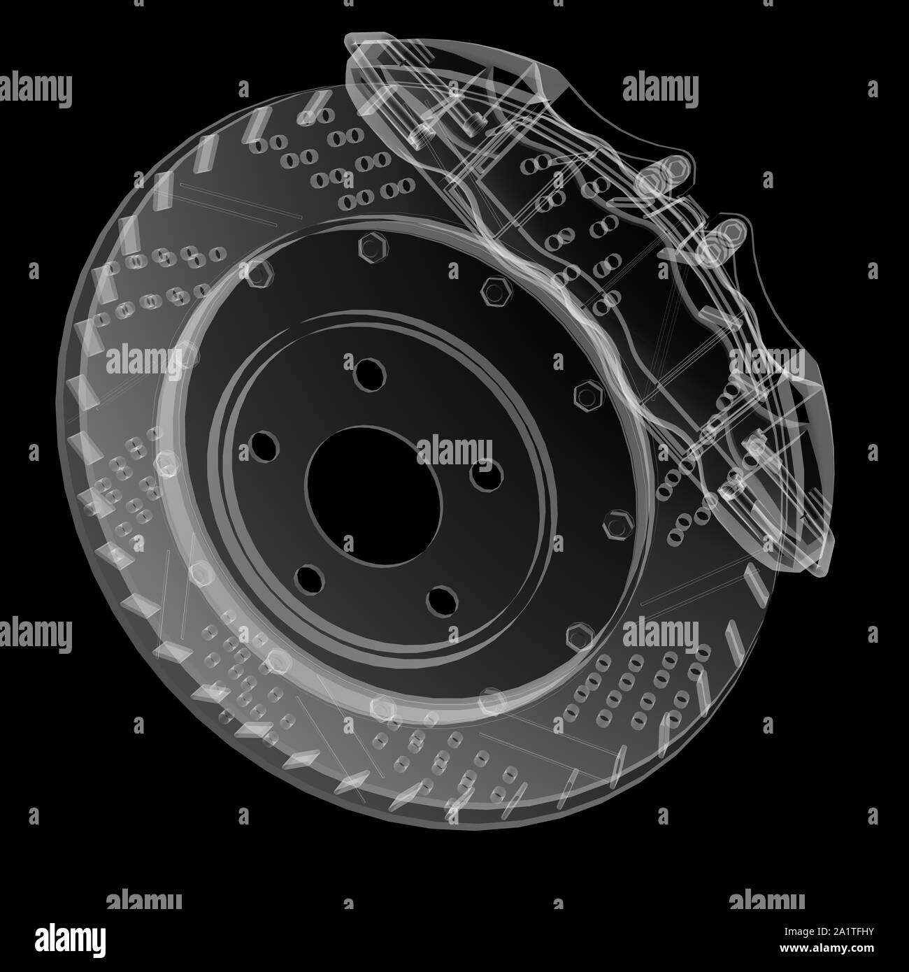 Brake disc and pads X-Ray style. Isolated on black background. 3D ...