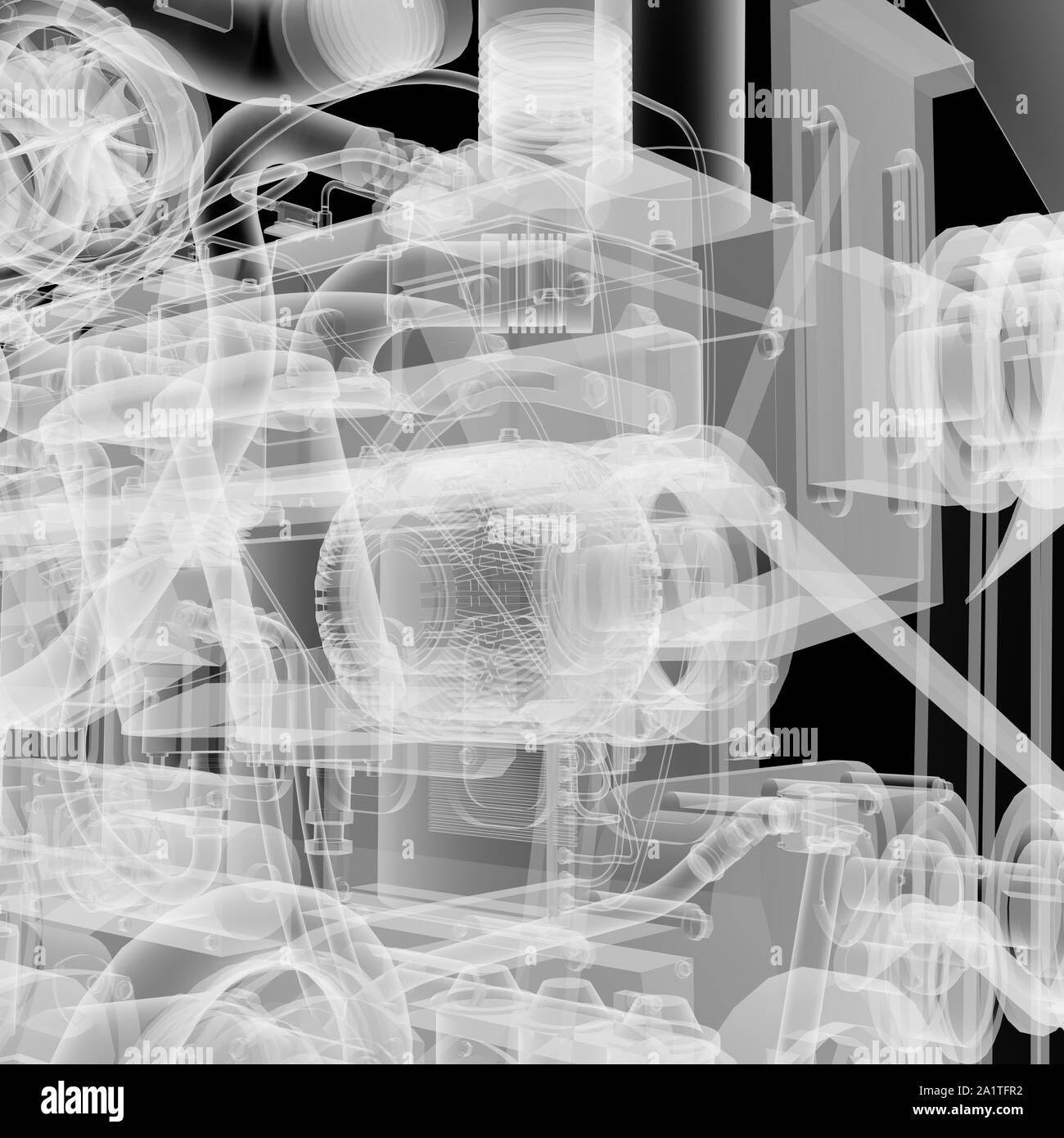 Internal combustion engine X-Ray style. Isolated on black background ...