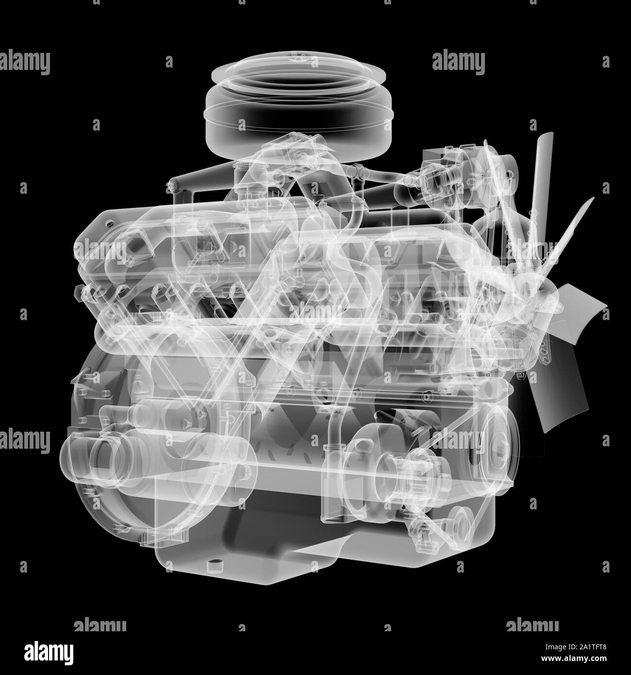 Internal combustion engine X-Ray style. Isolated on black background ...