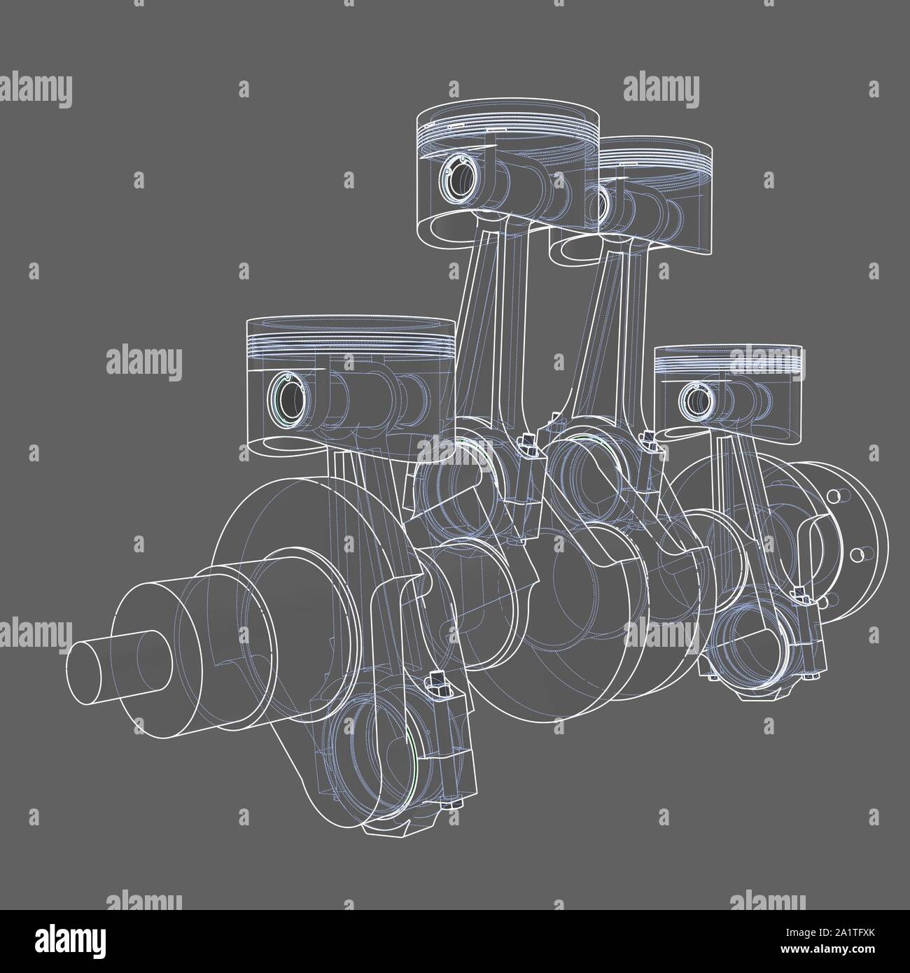 Engine pistons outline. 3D illustration. White lines and grey ...