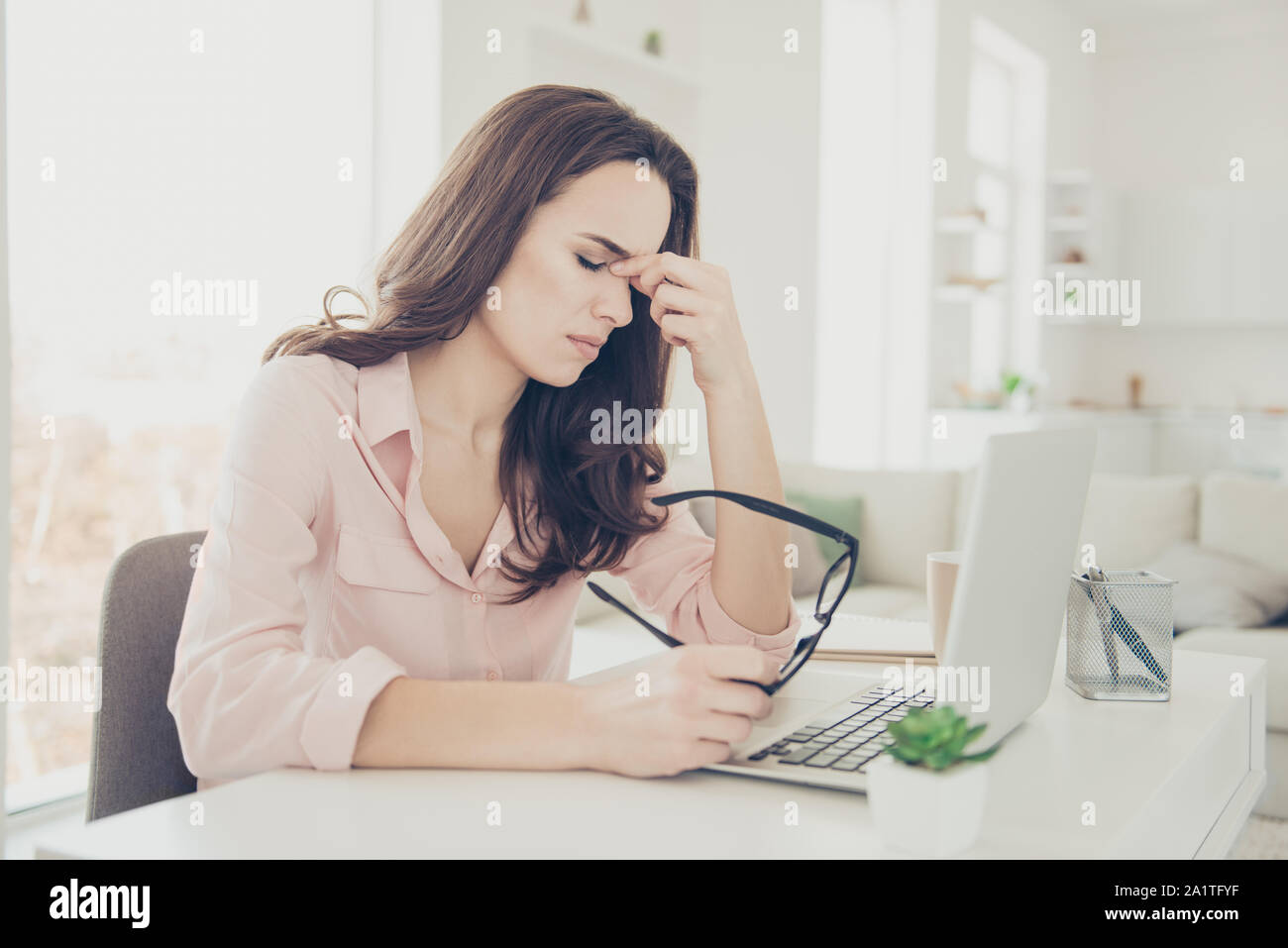 Profile side view portrait of cute charming adorable stylish sad Stock ...