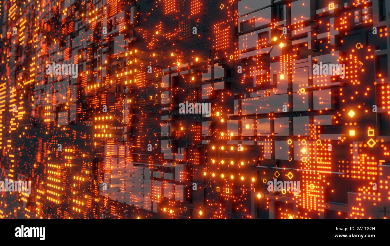 Abstract futuristic design. Tech wall with red bright elements. DOF ...