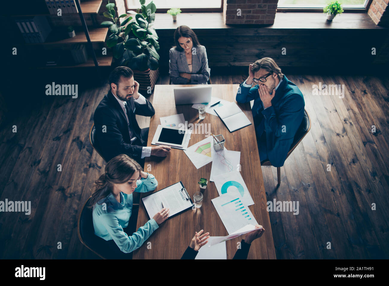 High angle above top view very long meeting with concentrated fo Stock ...