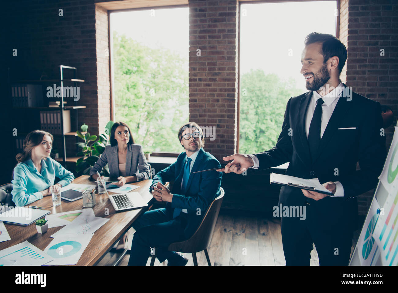 Handsome attractive formal wear man stand profile side view tal Stock ...