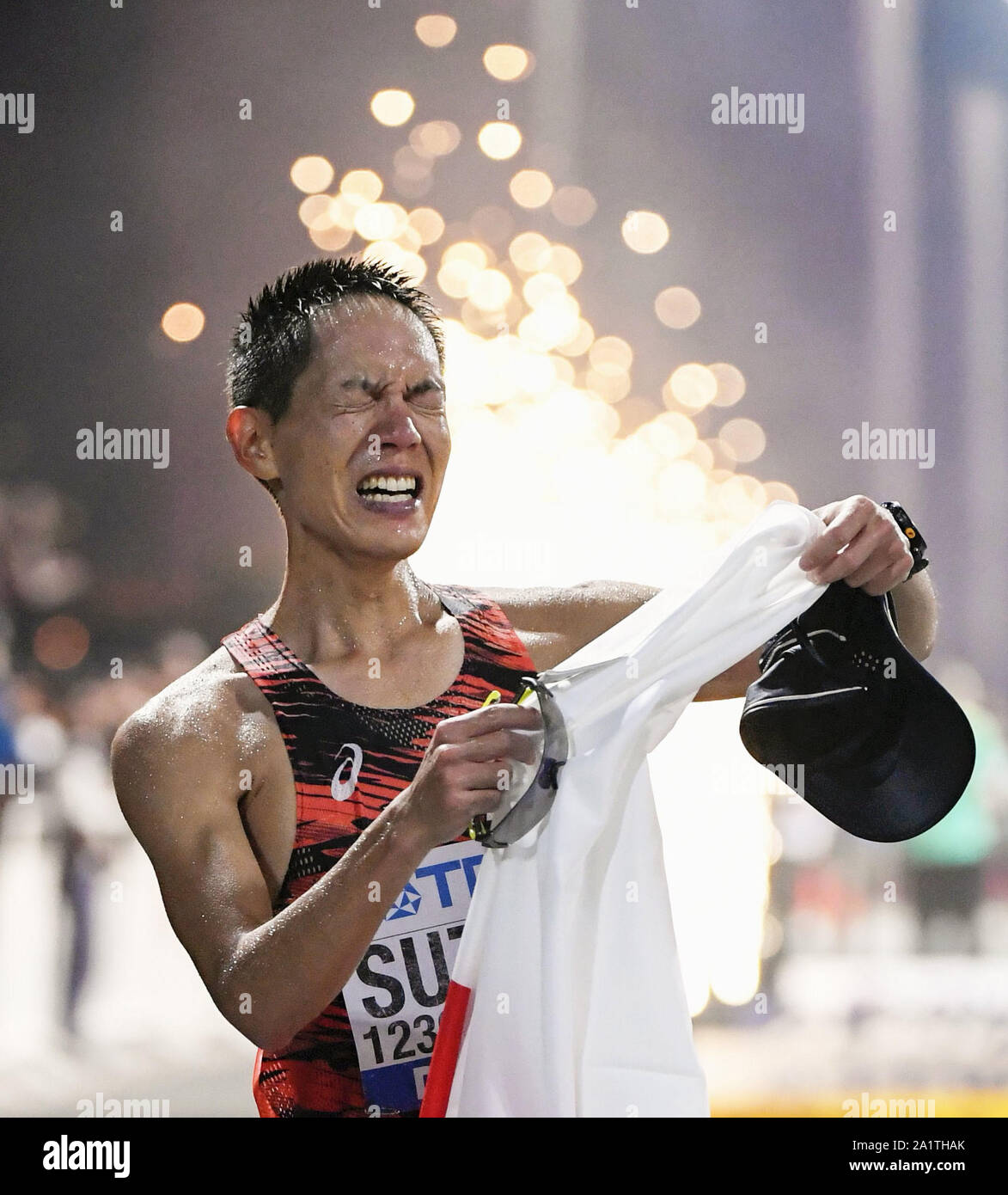 Doha, Qatar. 29th Sep, 2019. Yusuke Suzuki of Japan looks exhausted ...
