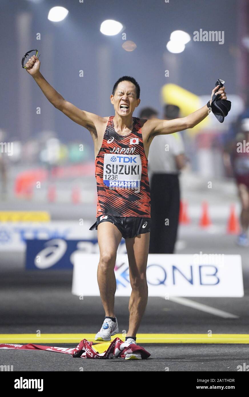 Doha, Qatar. 29th Sep, 2019. Yusuke Suzuki of Japan wins the men's 50 ...