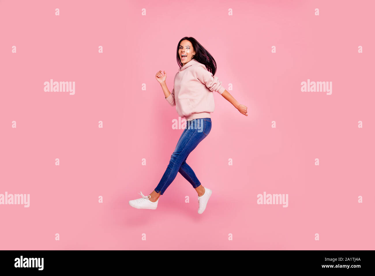 Full length body size profile side view of nice foolish childish Stock ...