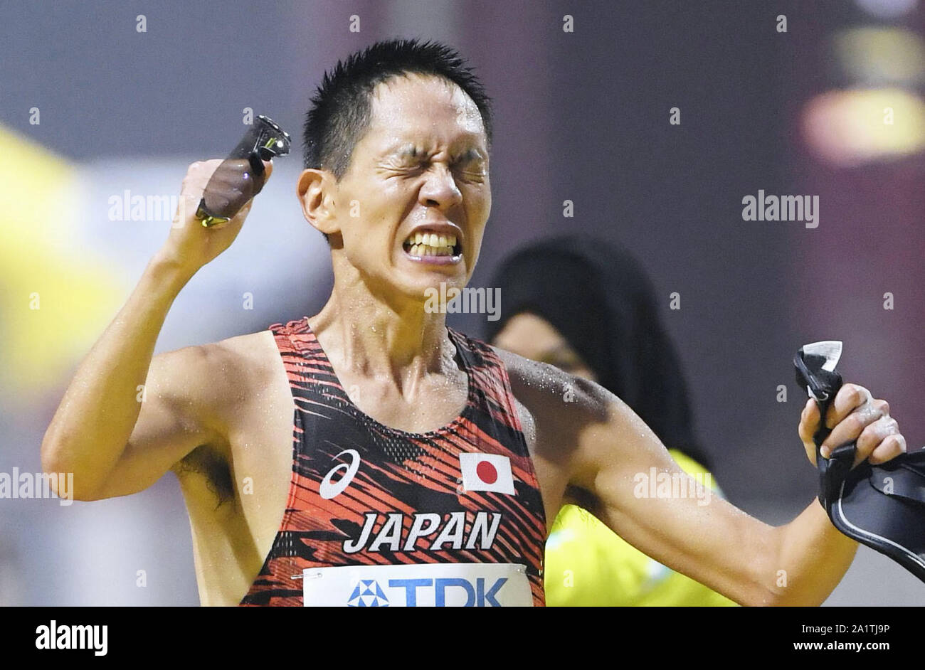 Doha, Qatar. 29th Sep, 2019. Yusuke Suzuki of Japan reacts after ...