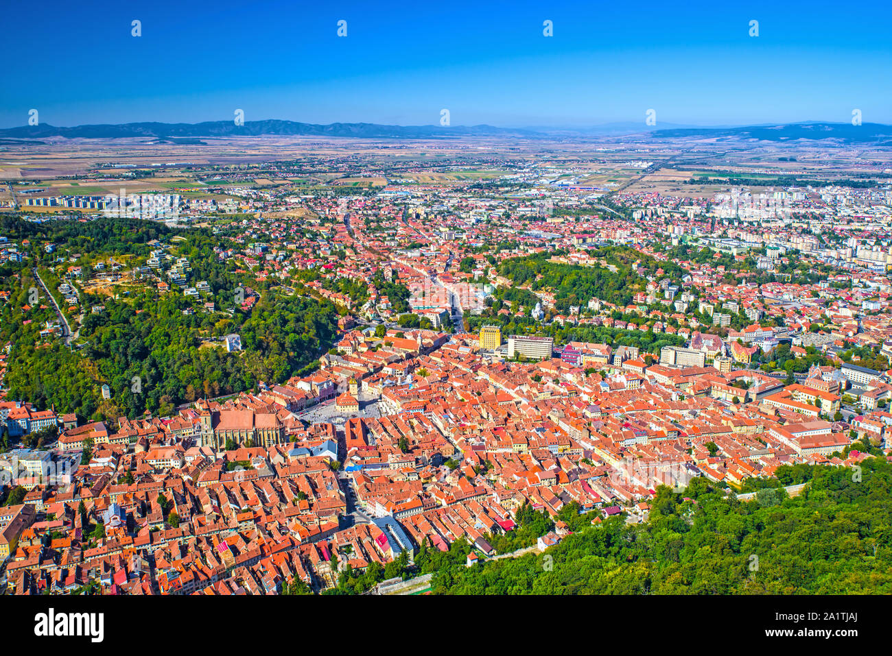 Aerial view of Brasov city in Romania, ancient and new area of the city ...