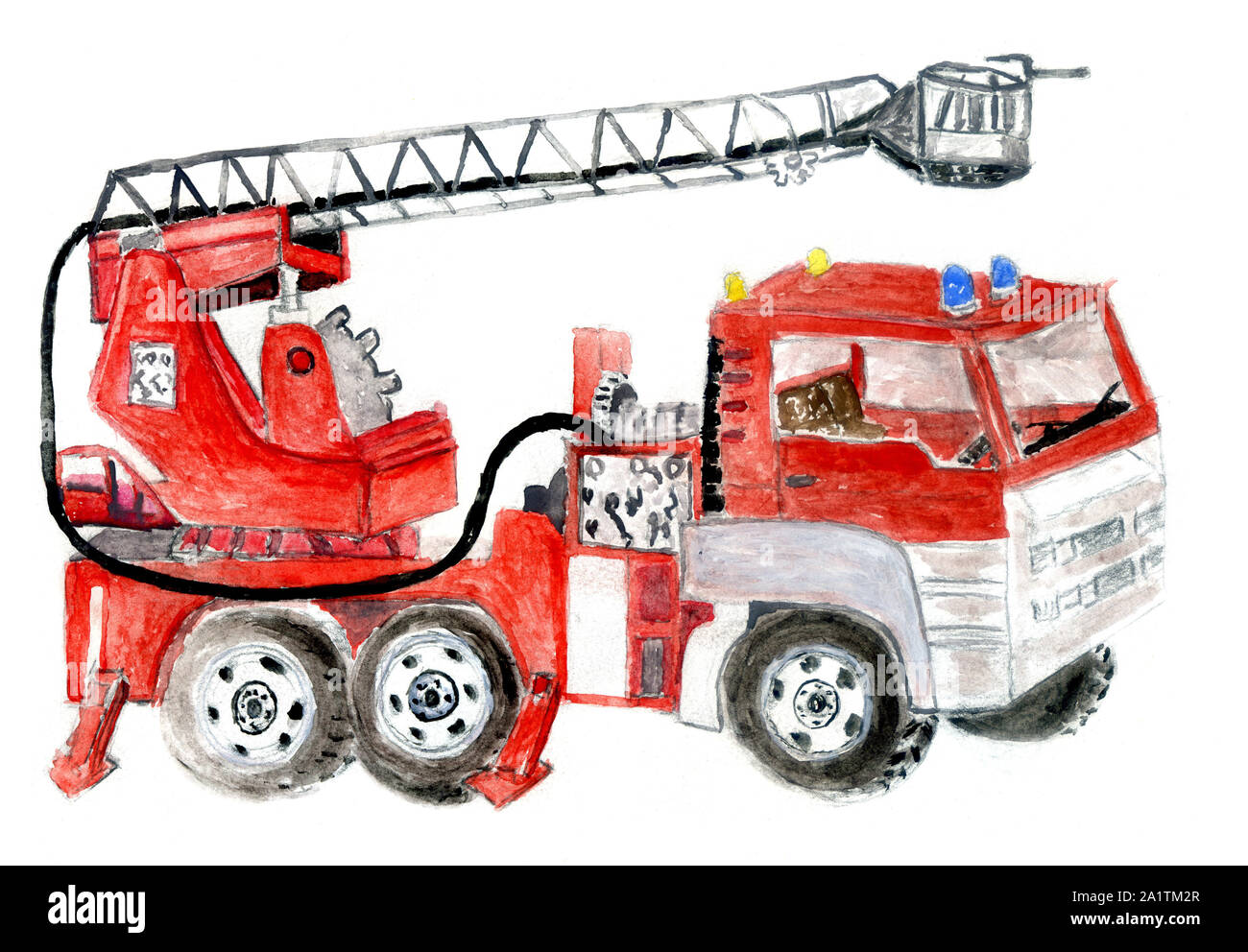 Hand drawn red fire engine, fire truck illustration painted in ...