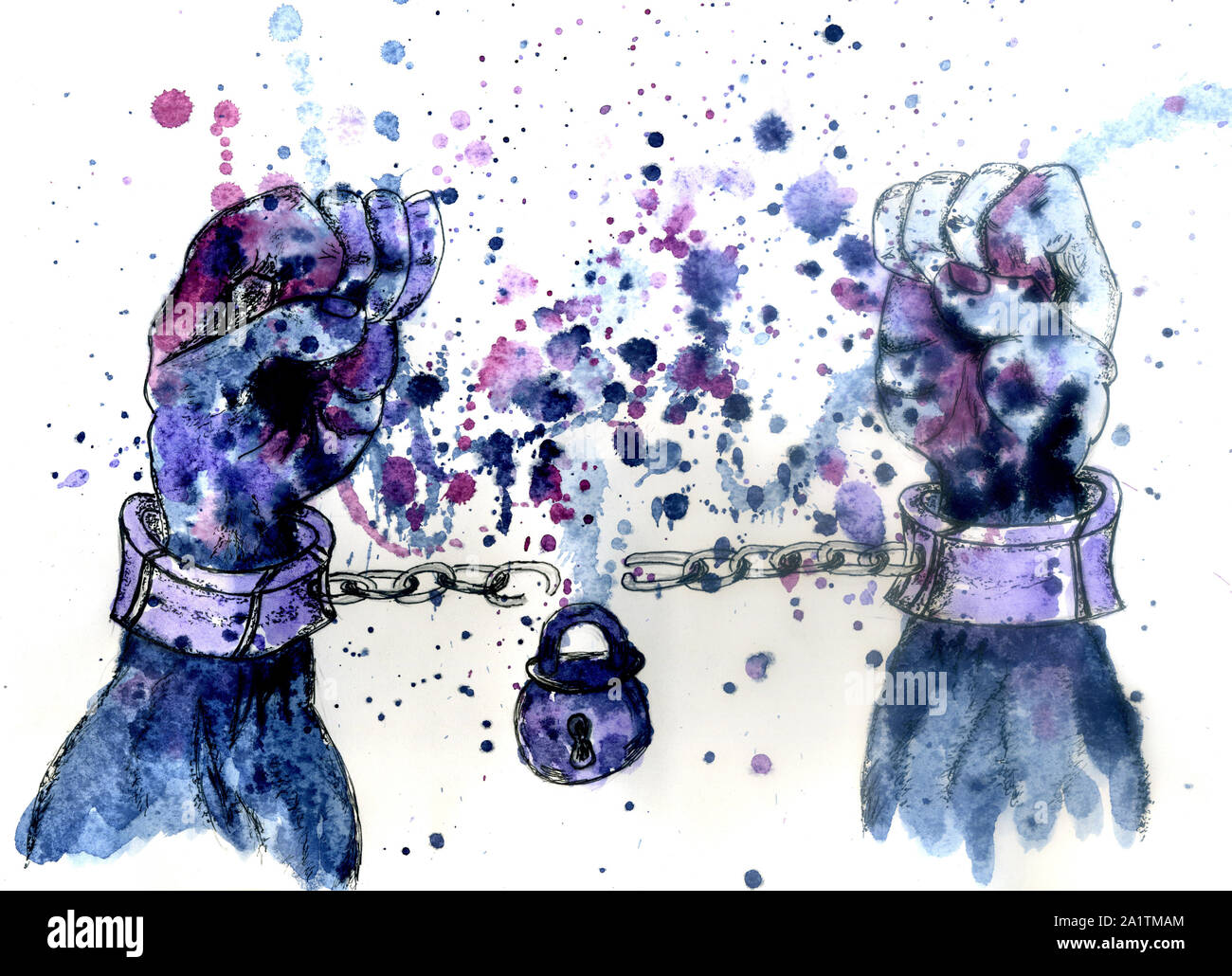 Grunge illustration of human hands with chains, colorful inks Stock ...