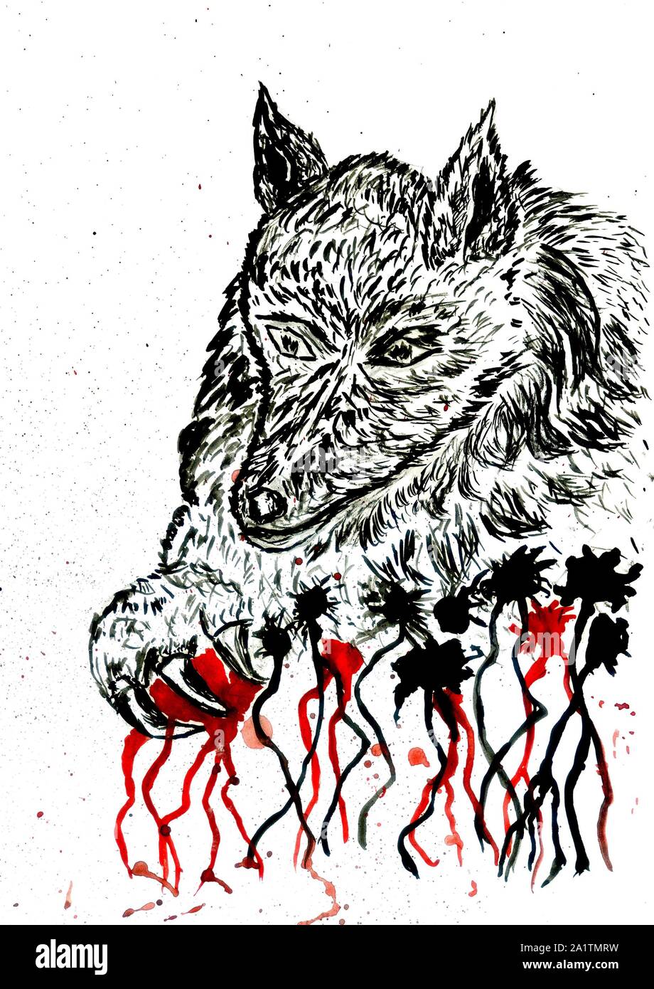 Grunge sketch of an angry, dangerous wolf with black and red splatters ...