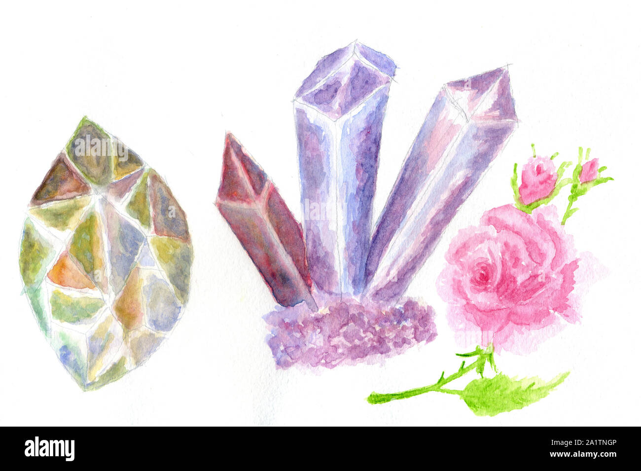 Collection of colorful rock crystals in different shapes hand drawn ...