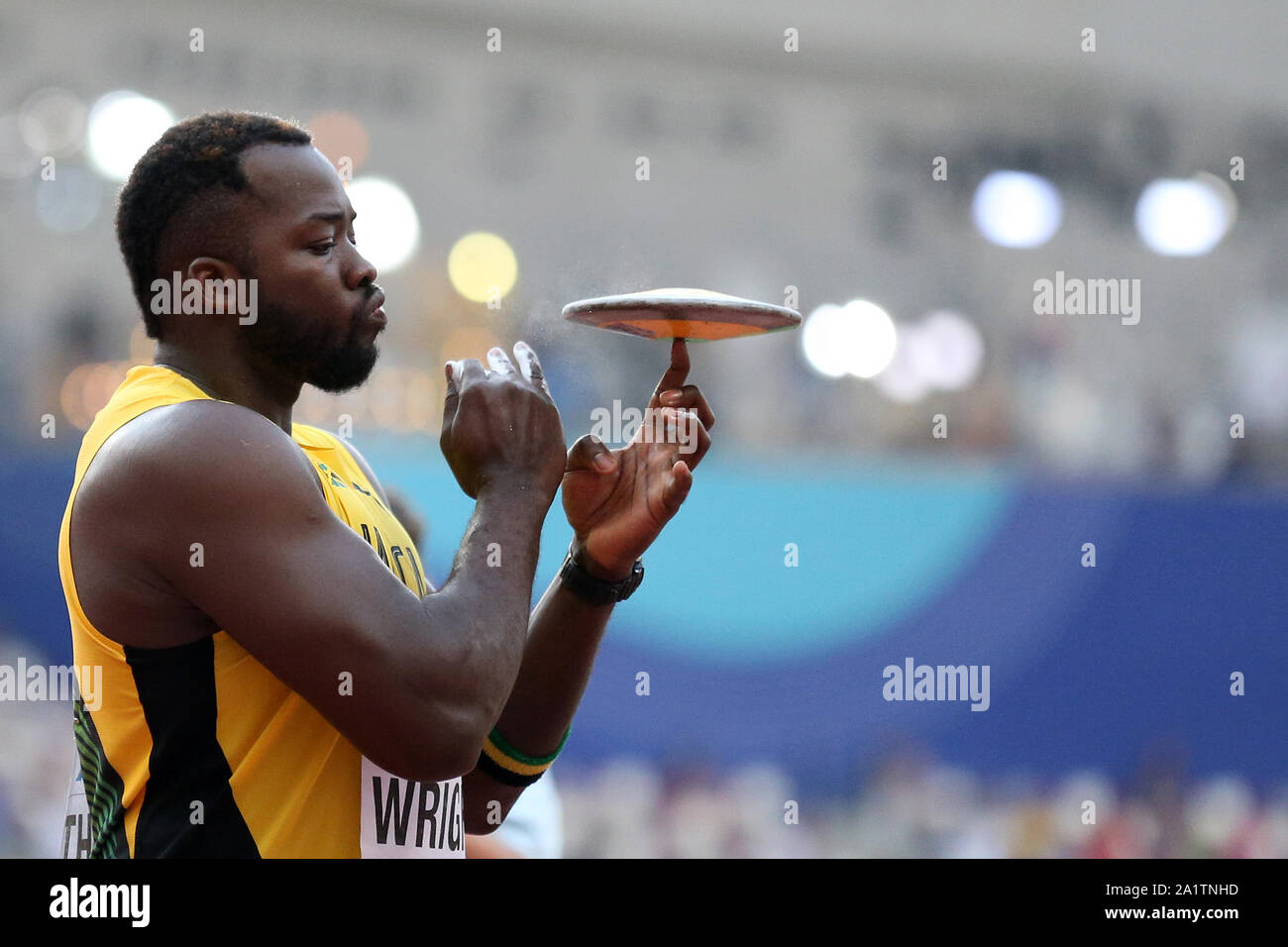 Doha, Qatar. 28th Sep, 2019. Chad Wright of Jamaica waits for throw ...