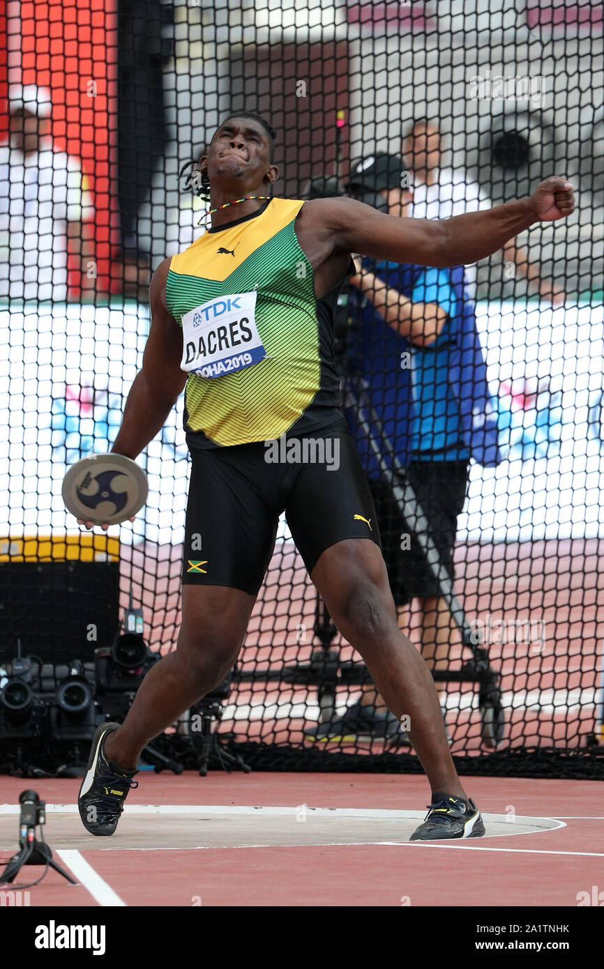 Doha, Qatar. 28th Sep, 2019. Fedrick Dacres of Jamaica competes during ...