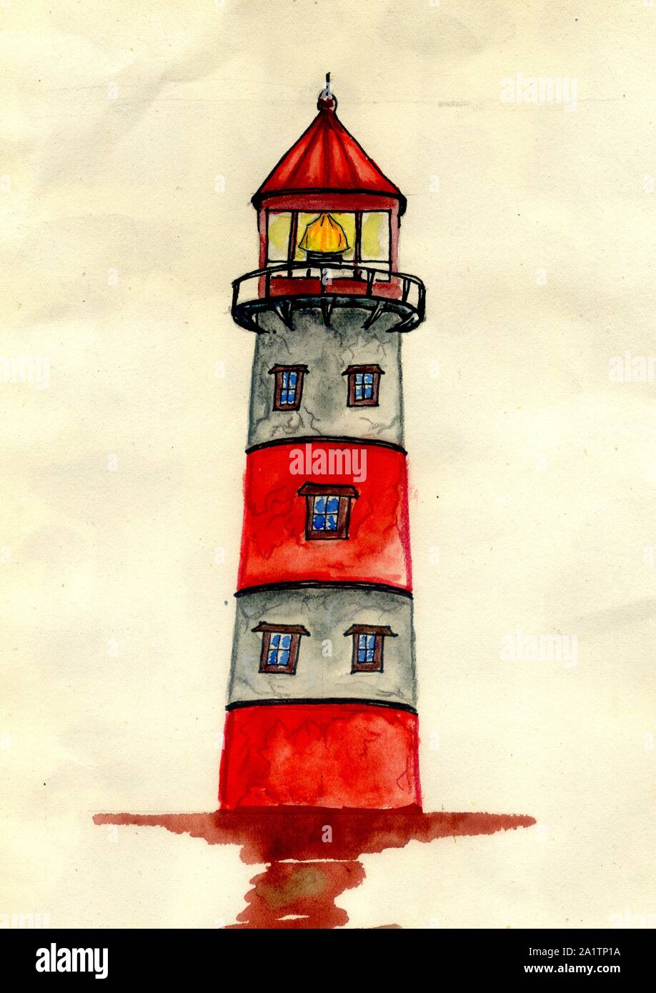 Grunge old lighthouse in gray and red colors, watercolor painting Stock ...