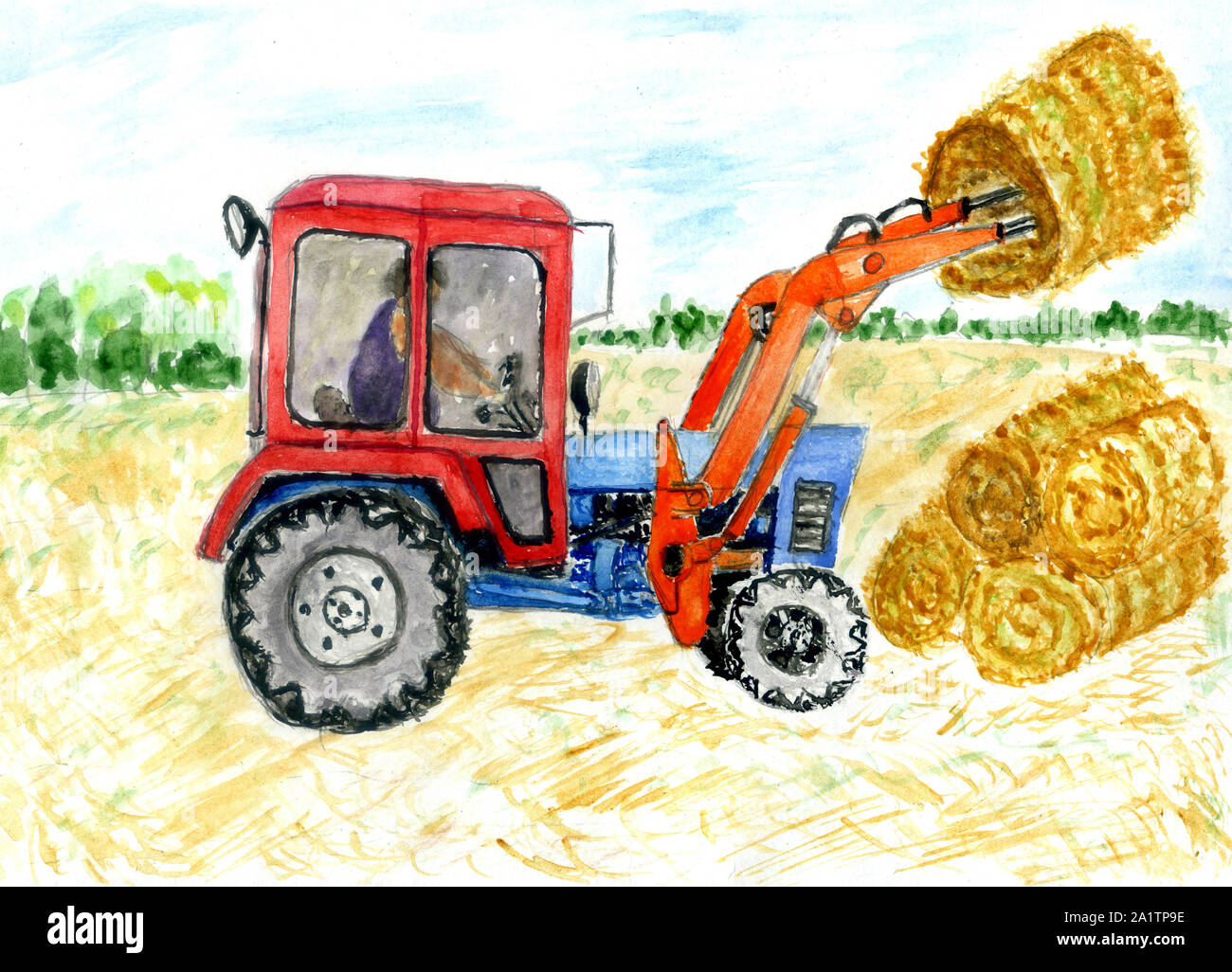 Watercolor farming tractor machine design, hand drawn illustration ...