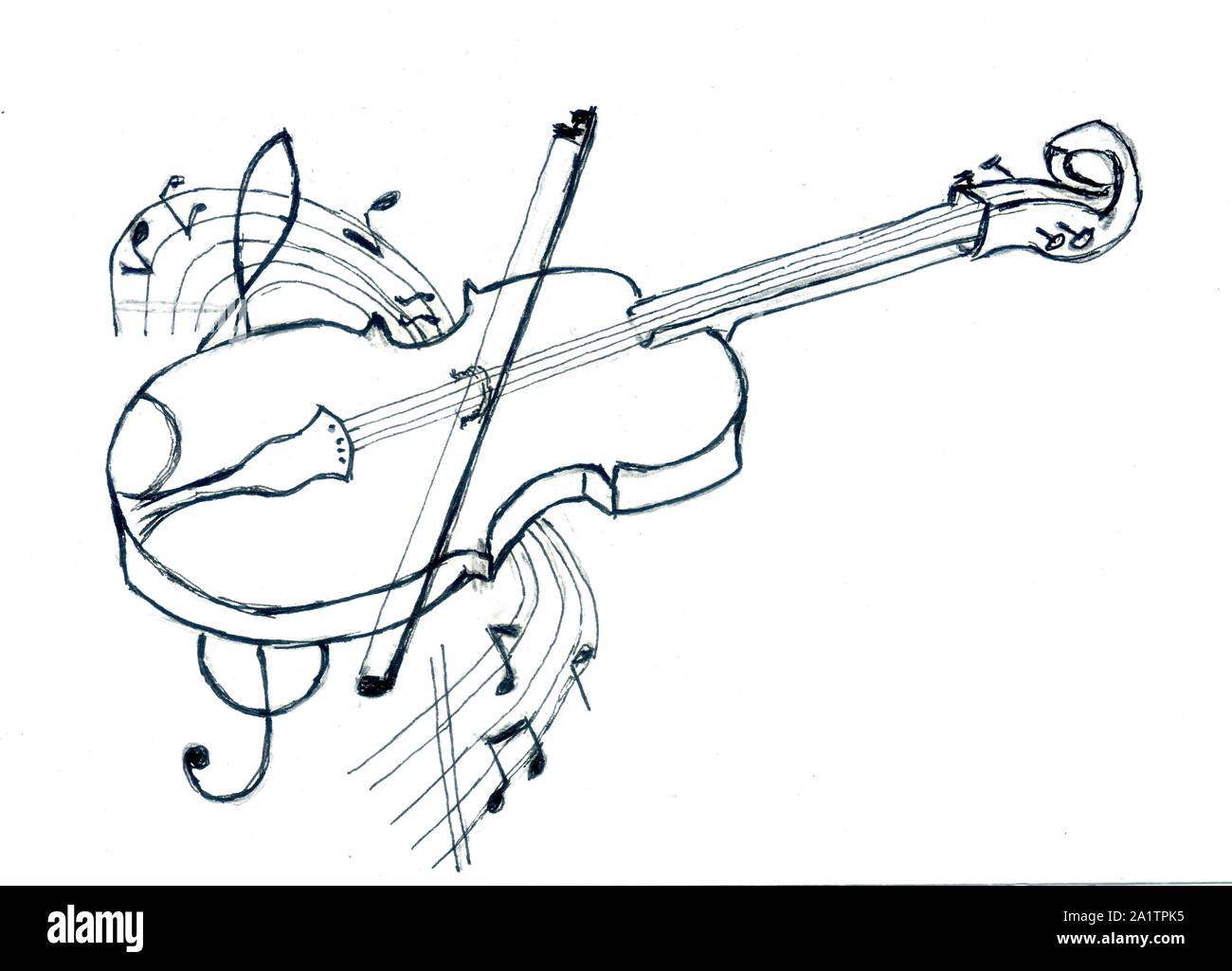 Detailed hand drawn sketch of violin and musical notes Stock Photo - Alamy