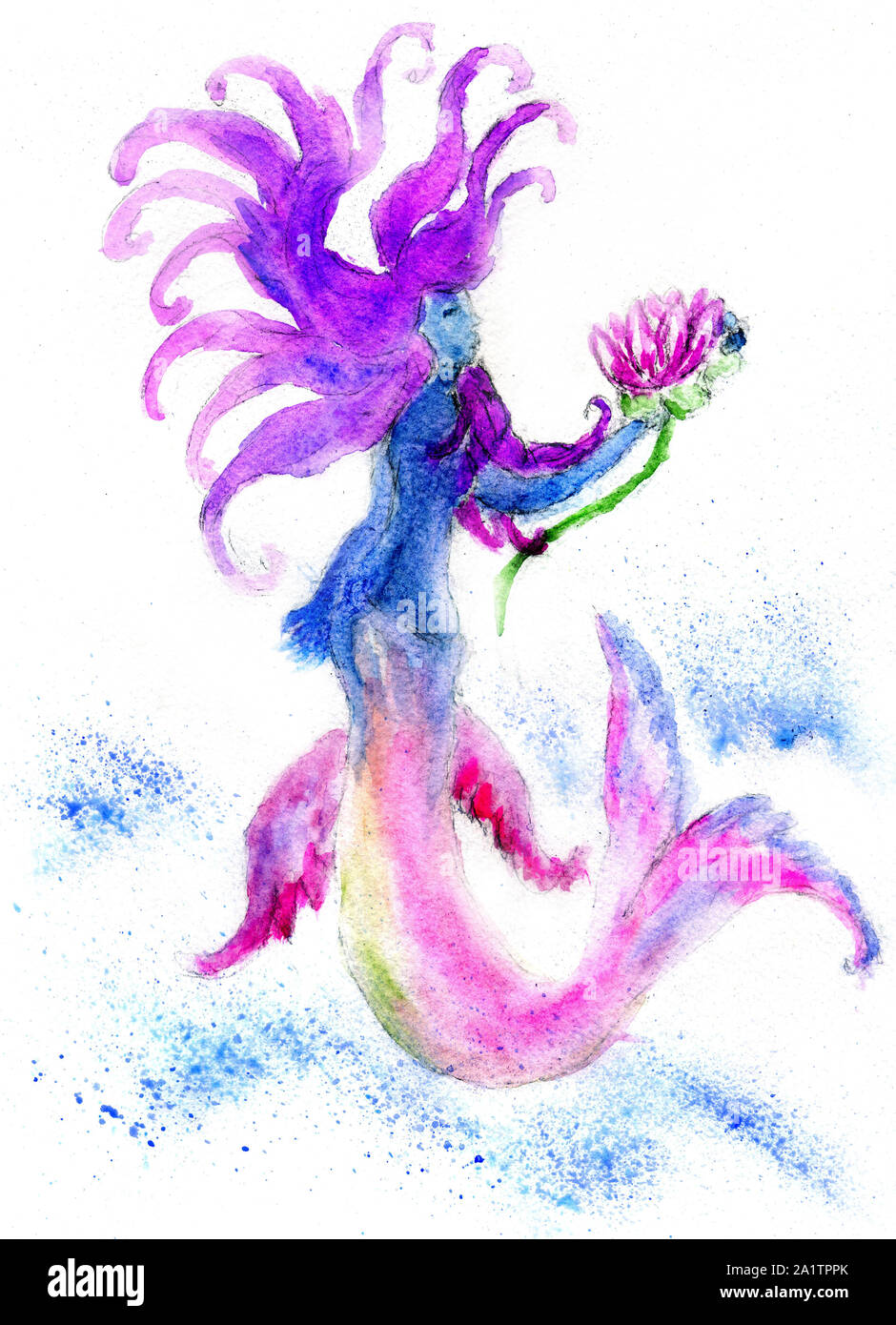 Hand drawn fantastic underwater creature mermaid, watercolor ...