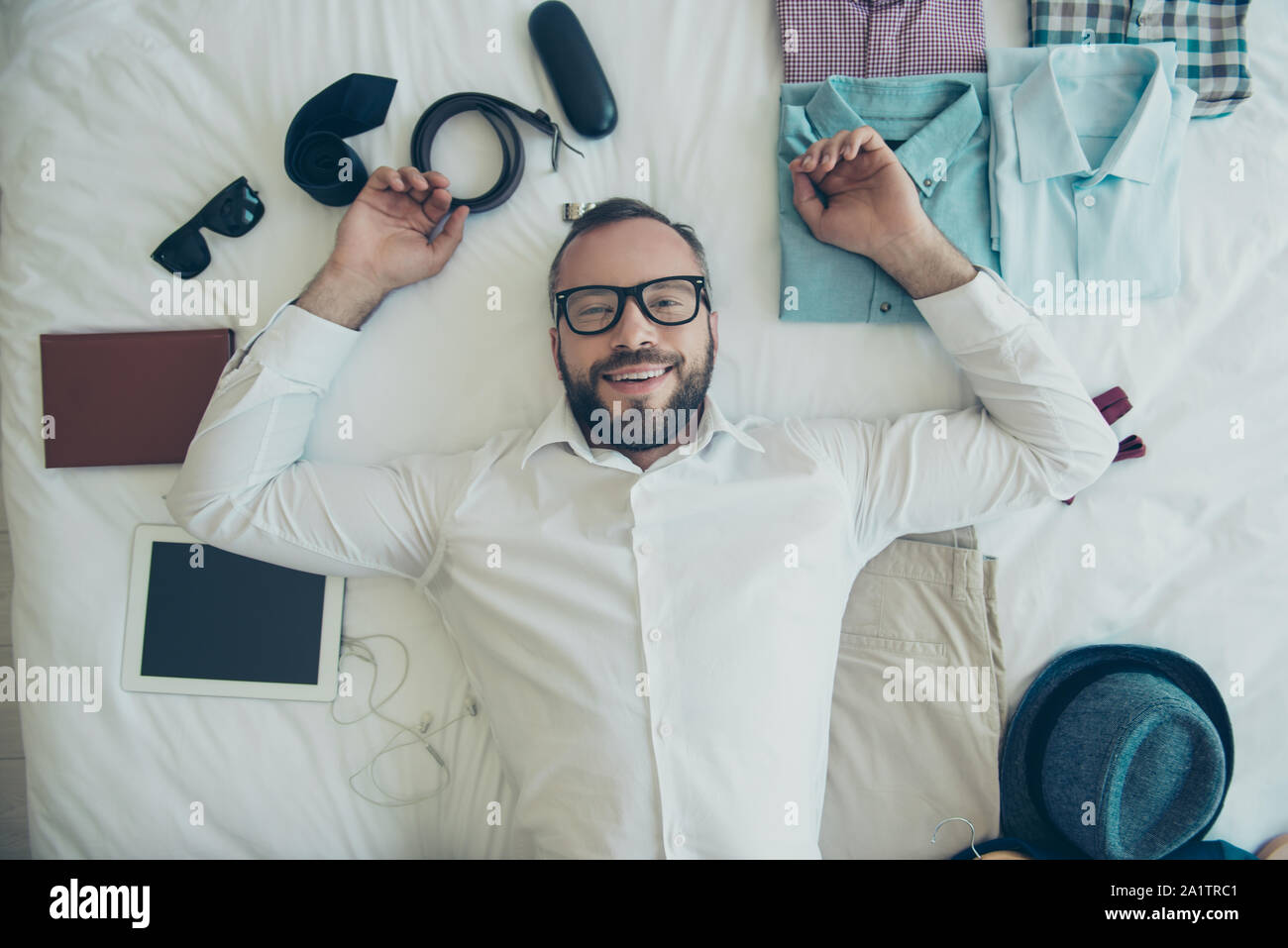 Close up top view overhead high angle photo of happily looking o Stock ...